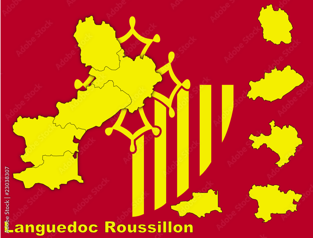 Vecteur Stock drapeau languedoc roussillon et sa carte région de France ...