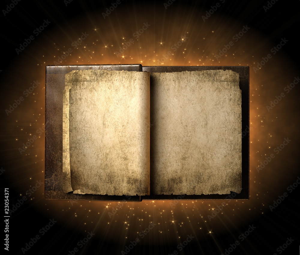 Fliiping blank pages in magic book with glow and particles Stock Photo ...