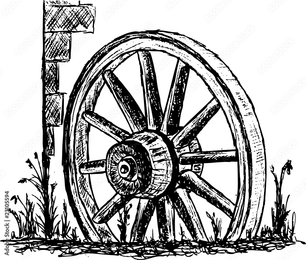 vector - ancient wagon wheel stands in front of walls Stock Vector ...