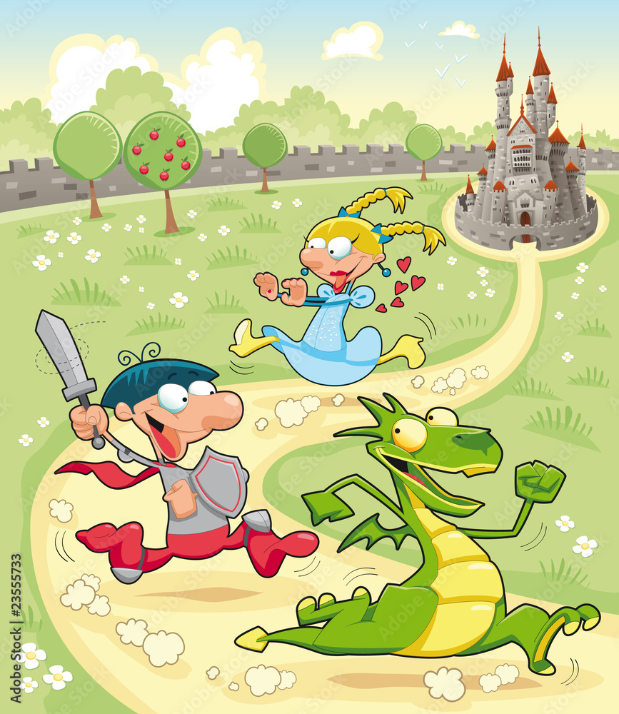 Dragon, Prince and Princess with background. Vector scene. Stock Vector ...