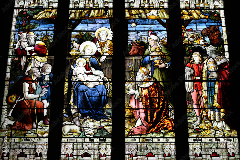 Nativity scene on stained glass in Coventry Holy Trinity Stock Photo ...
