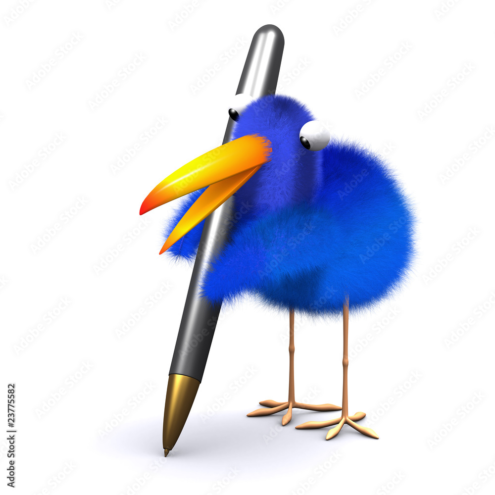 3d Blue bird writing with big pen Stock Illustration | Adobe Stock