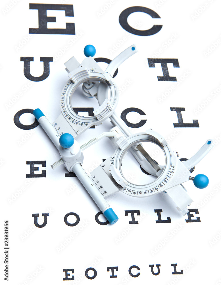 optometry concept - sight measuring spectacles & eye chart Stock Photo ...