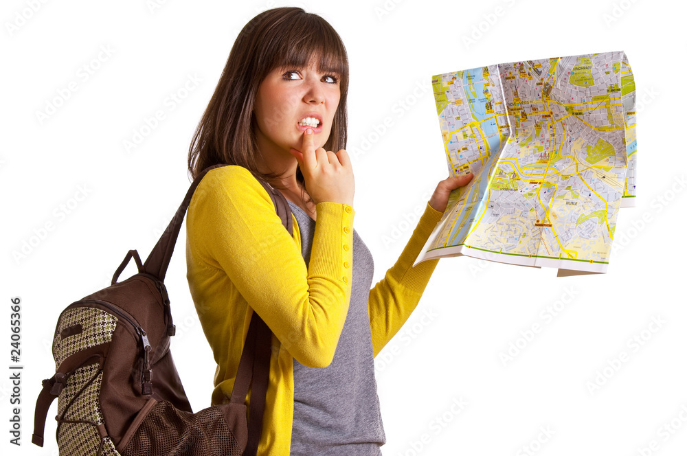 Frau ratlos mit Landkarte Stock-Foto | Adobe Stock