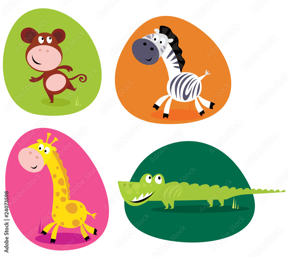 Cute safari animals set - monkey, zebra, giraffe and crocodile Stock ...