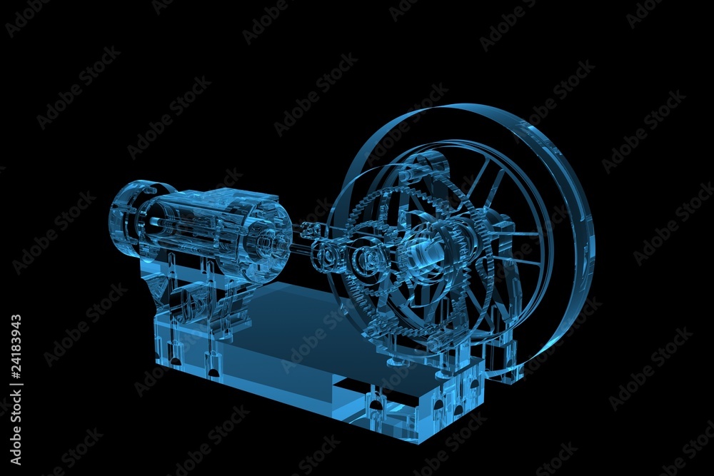 Geared Steam Engine (3D xray blue transparent) Stock Illustration ...