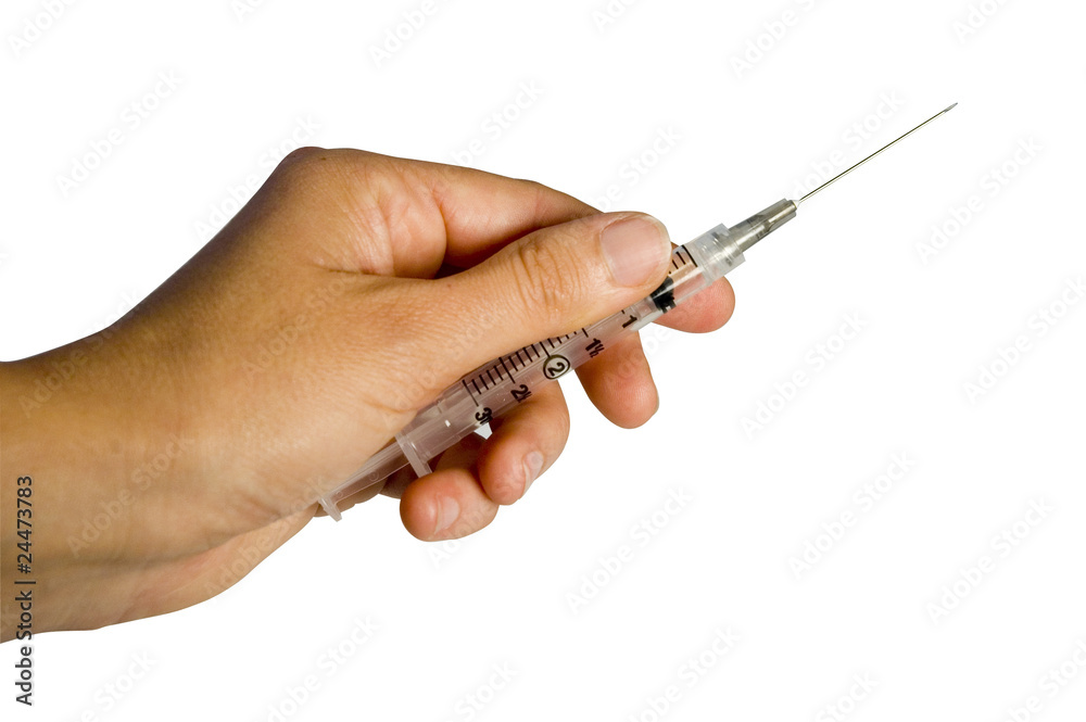 Left hand holding a syringe on a white background. Stock Photo | Adobe ...