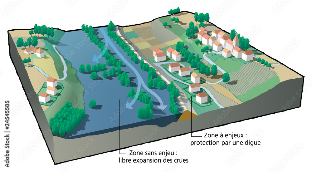Inondations - Digue et espace d'expansion des crues Stock Illustration ...