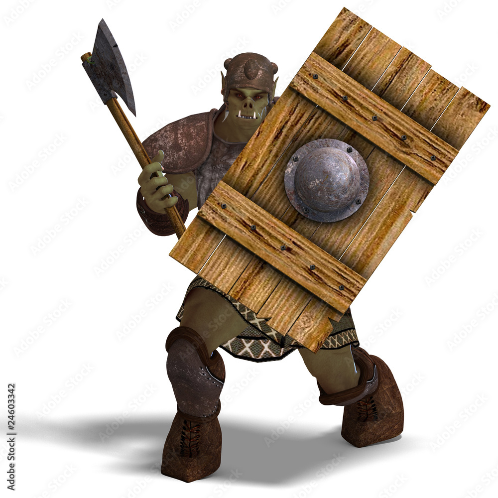 Male Fantasy Orc Barbarian with Giant Axe. 3D rendering with cli Stock ...