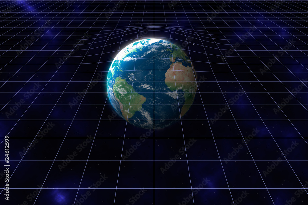 Kruemmung der Raumzeit durch die Masse des Planeten Erde Stock ...