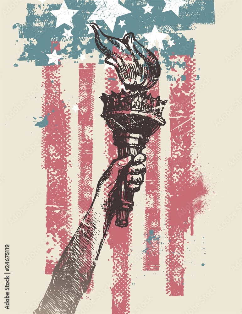 USA patriotic illustration - drawing hand of freedom with torch Stock ...