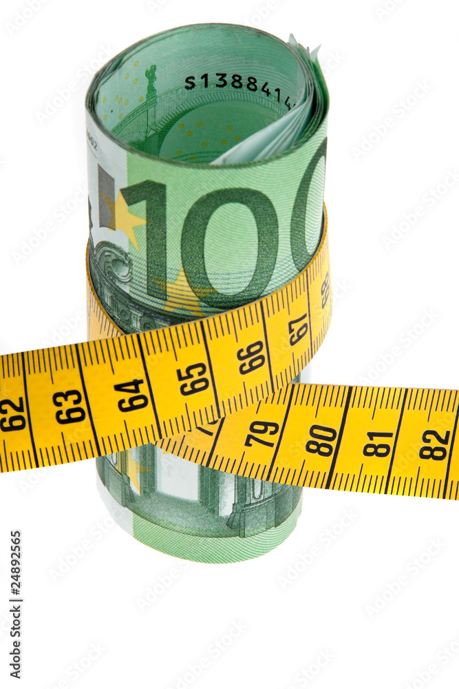 Symbol Sparpaket mit Euro Geldschein und Massband Stock-Foto | Adobe Stock