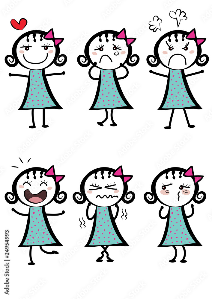 different expressions of a cute cartoon girl Stock Illustration | Adobe ...
