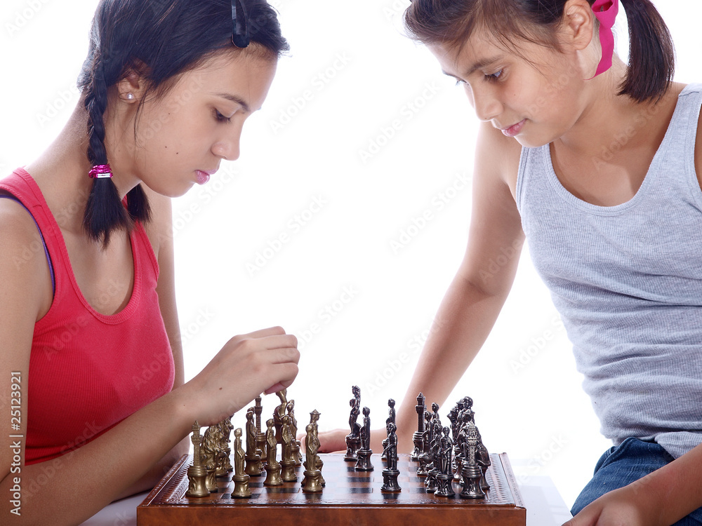 girls playing chess isolated on white background Stock Photo | Adobe Stock