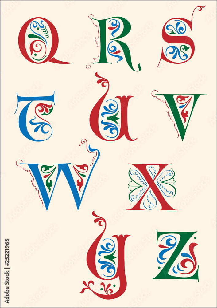 Medieval alphabet Q-Z Stock Vector | Adobe Stock