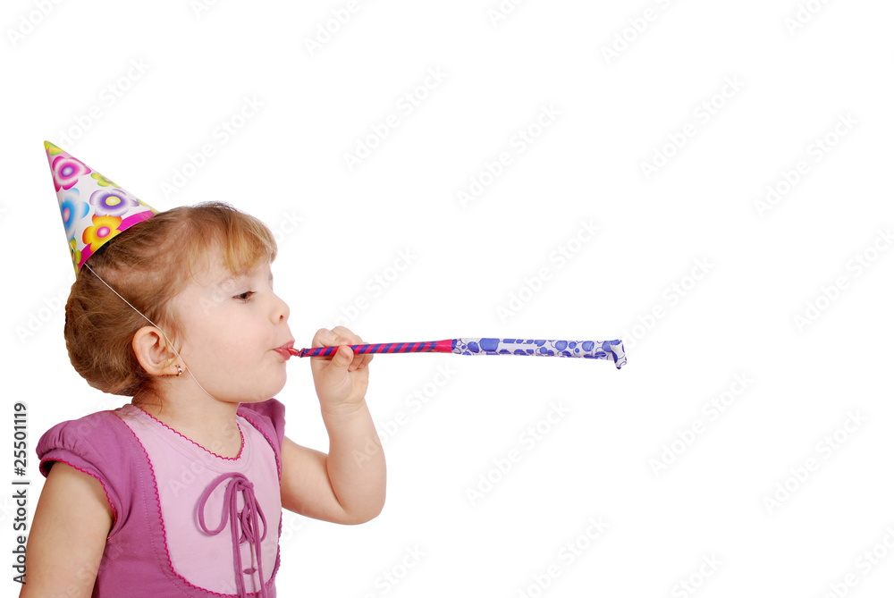 little girl with birthday hat and trumpet Stock Photo | Adobe Stock