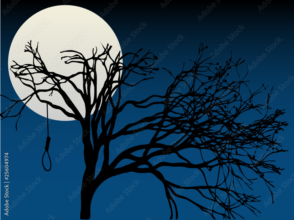Spooky Full Moon highlight bare tree with hanging noose Stock Vector ...