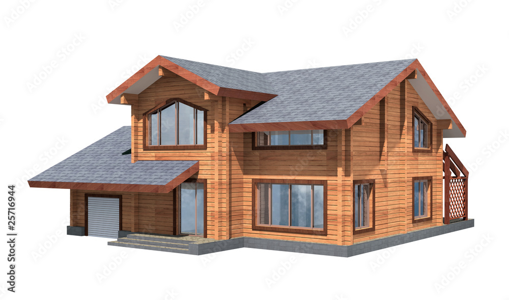 Residential house of wooden timber. 3d model render. Stock Illustration ...
