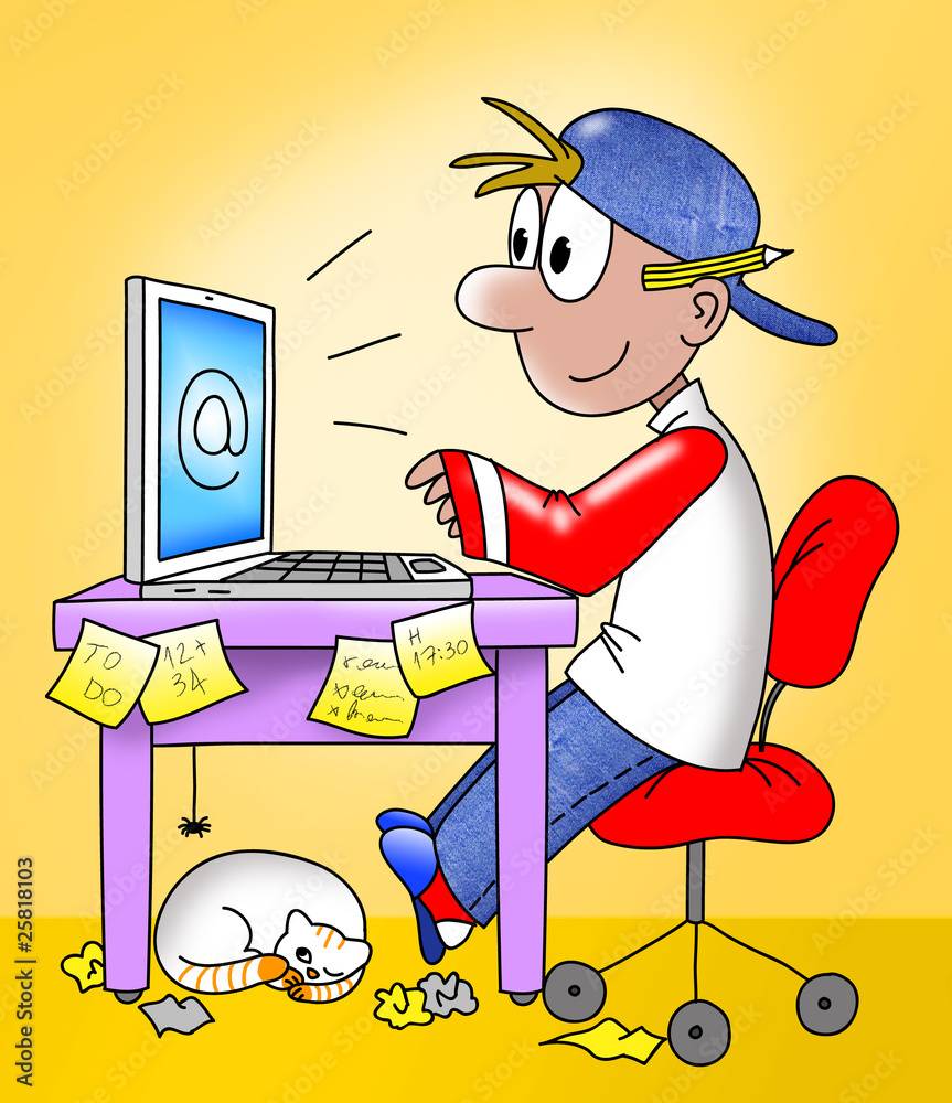 Illustrazione Stock Ragazzo al computer che invia e-mail | Adobe Stock