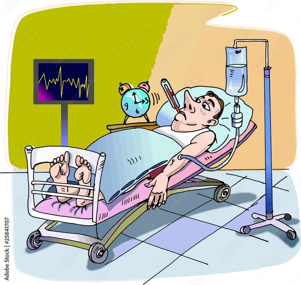 Sick man in hospital bed with intravenous Stock Vector | Adobe Stock