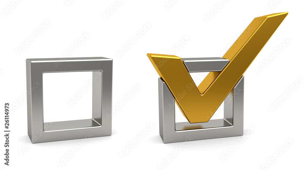 Golden check mark and silver check box on white background Stock ...