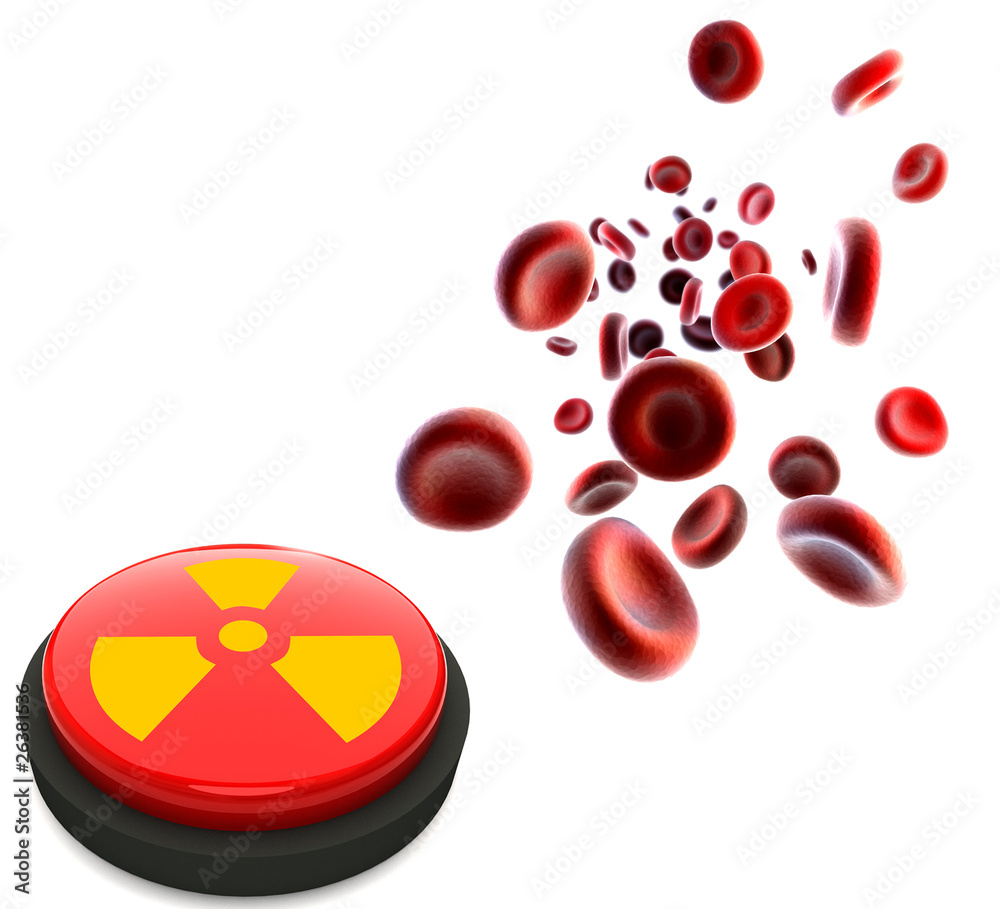 streaming blood cells and button with nuclear sign Stock Illustration ...