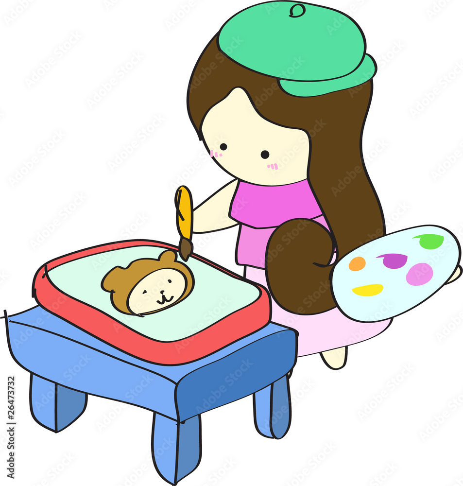 Young girl painting on table cartoon vector illustration Stock Vector ...