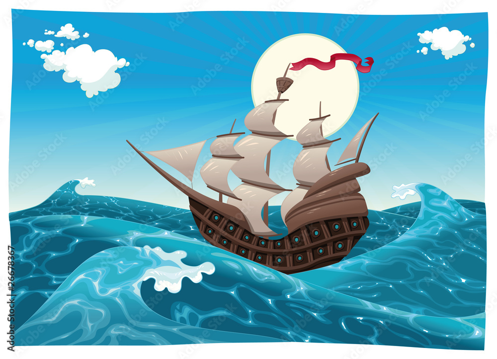 Galleon in the sea. Vector illustration, isolated objects Stock Vector ...