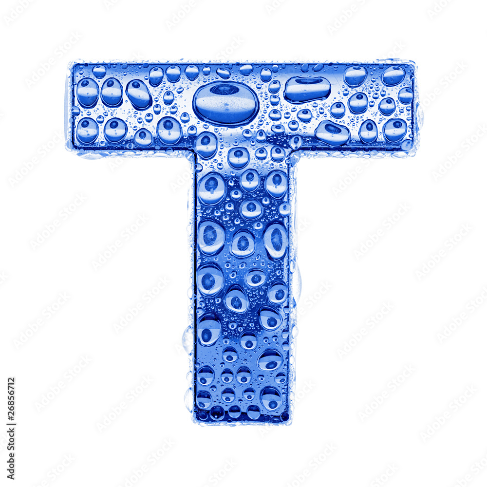 Blue ice alphabet symbol - letter T. Water drops on glossy metal Stock ...