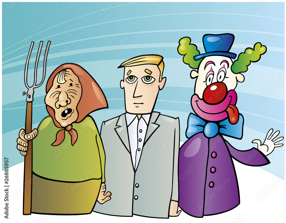 cartoon illustration of farmer woman, businessman and clown Stock ...