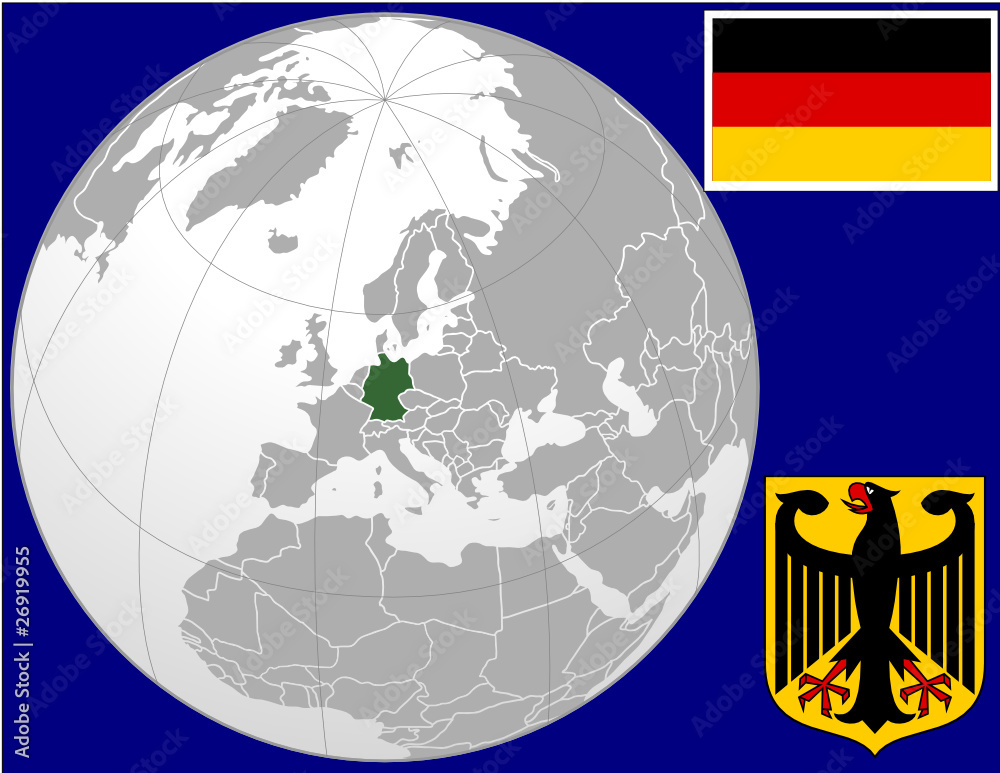 Germany globe map locator world flag coat Stock Vector | Adobe Stock