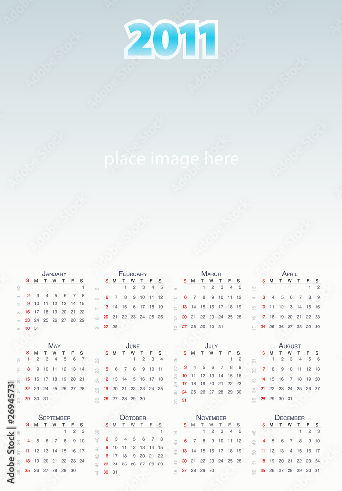 Large calendar grid 2011 year, english layout with week numbers Stock ...