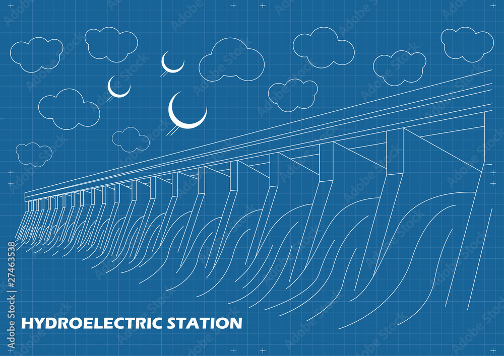 Hydro power station vector blueprint background Stock Vector | Adobe Stock