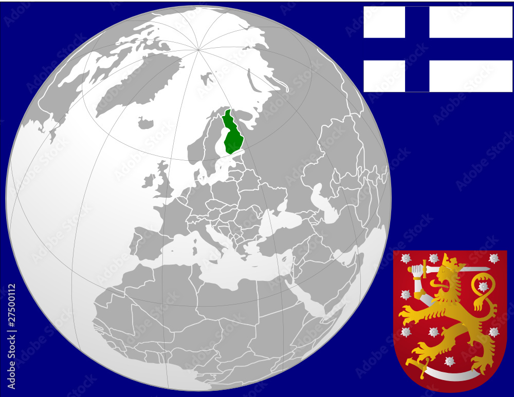 Finland globe map locator world flag coat Stock Vector | Adobe Stock