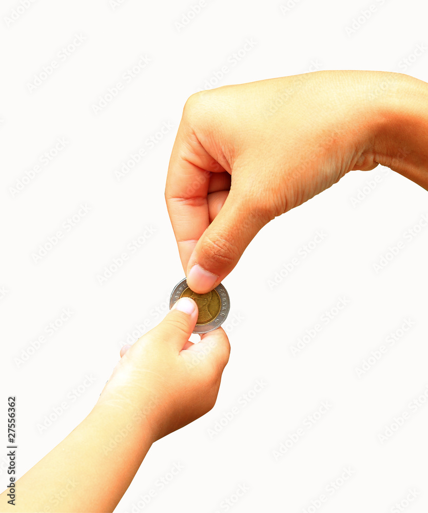 Hand giving money to someone. Isolated in white background Stock Photo ...