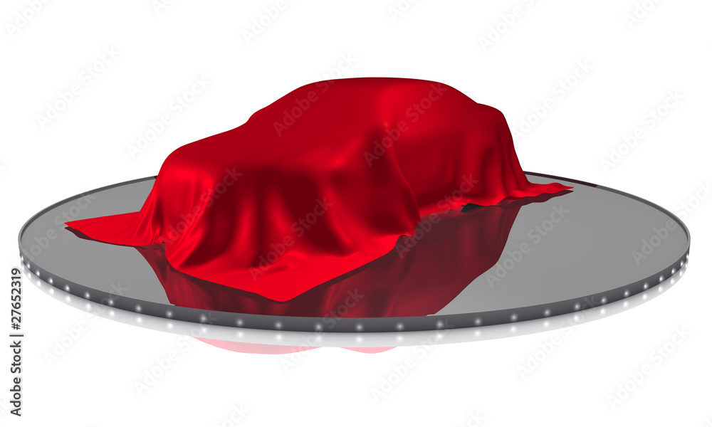 Auto unter rotem Tuch auf Podest Stock-Illustration | Adobe Stock