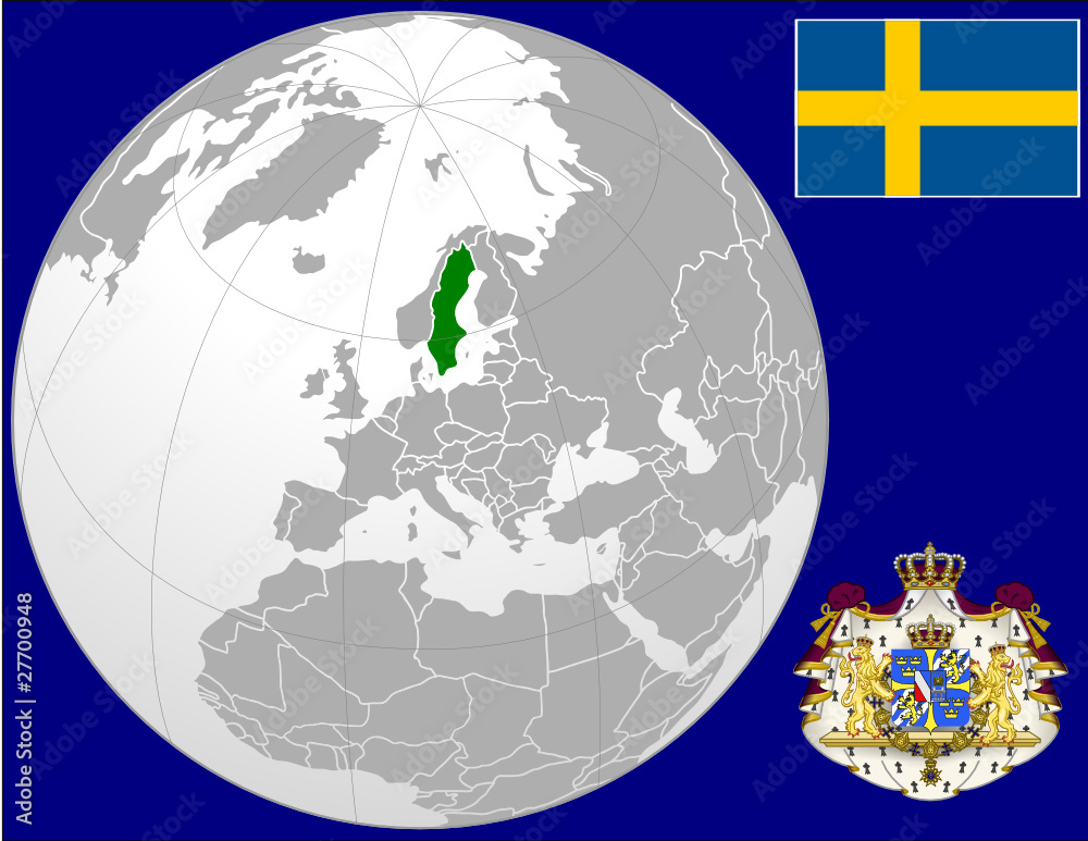 Sweden globe map locator world flag coat Stock Vector | Adobe Stock