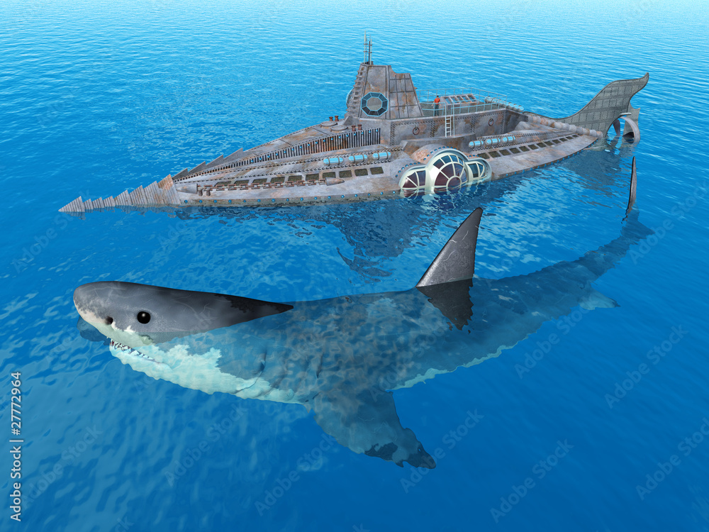 Fantasy Submarine with Monster Shark Stock-Illustration | Adobe Stock