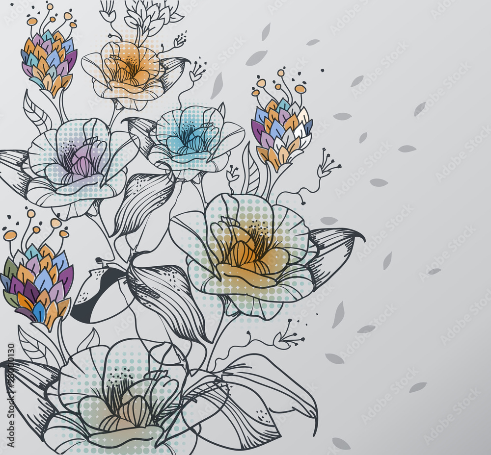 vector background with fantasy hand drawn flowers and leaves Stock ...