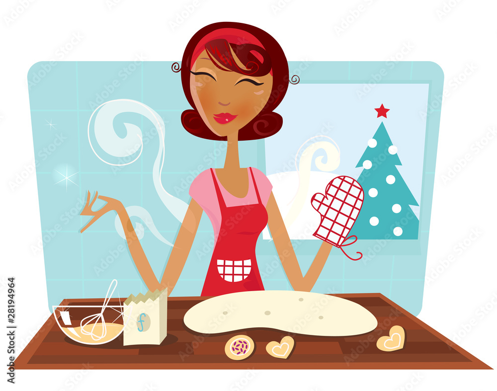 Christmas woman baking cookies in retro kitchen. VECTOR Stock Vector ...