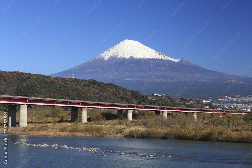 Mt.Fuji and Fuikawa bridge over the Fuji River Stock Photo | Adobe Stock
