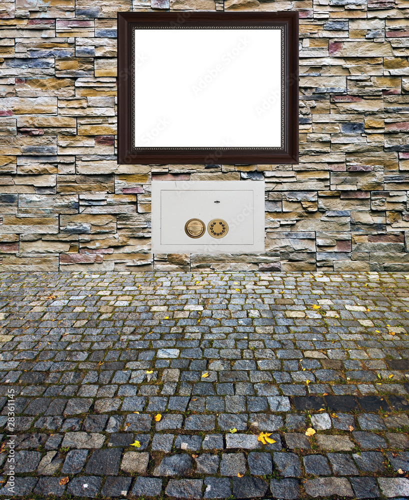 safe frame and decorative stone wall and old time brick pavement Stock ...