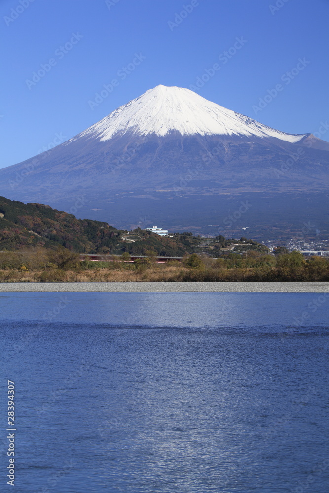 Mt. Fuji over the Fuji River Stock Photo | Adobe Stock