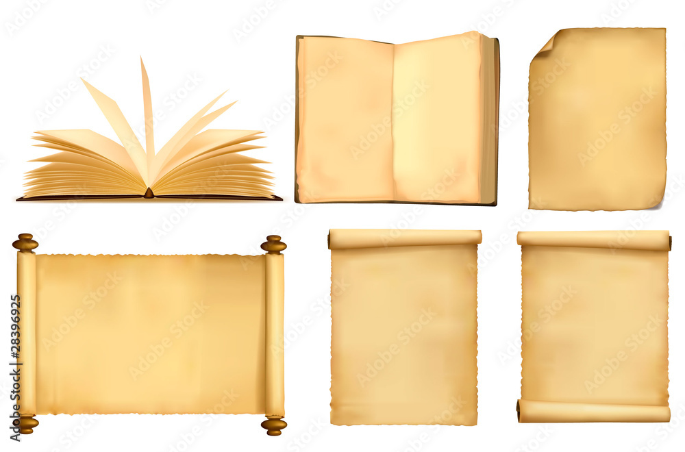 Set of old paper sheets and book. Vector. Stock Vector | Adobe Stock