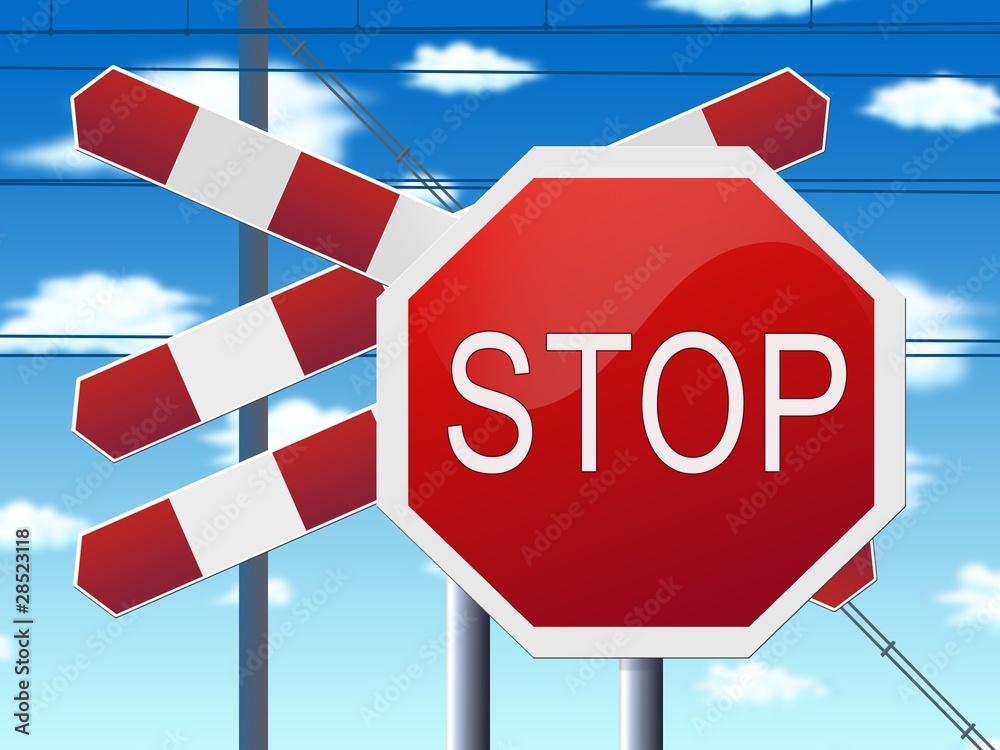 stop sign at railway crossing and blue sky Stock Illustration | Adobe Stock