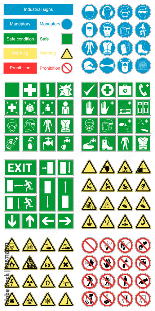 Hazard safety and green emergency signs vector set Stock Vector | Adobe ...