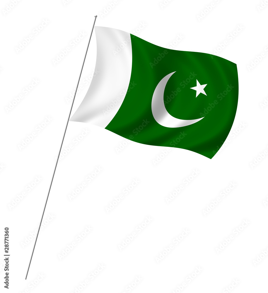 Flag of Pakistan with pole flag waving over white background Stock ...
