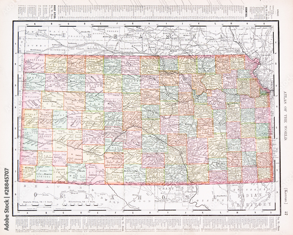 Antique Vintage Color Map of Kansas, KS, United States USA Stock Photo ...