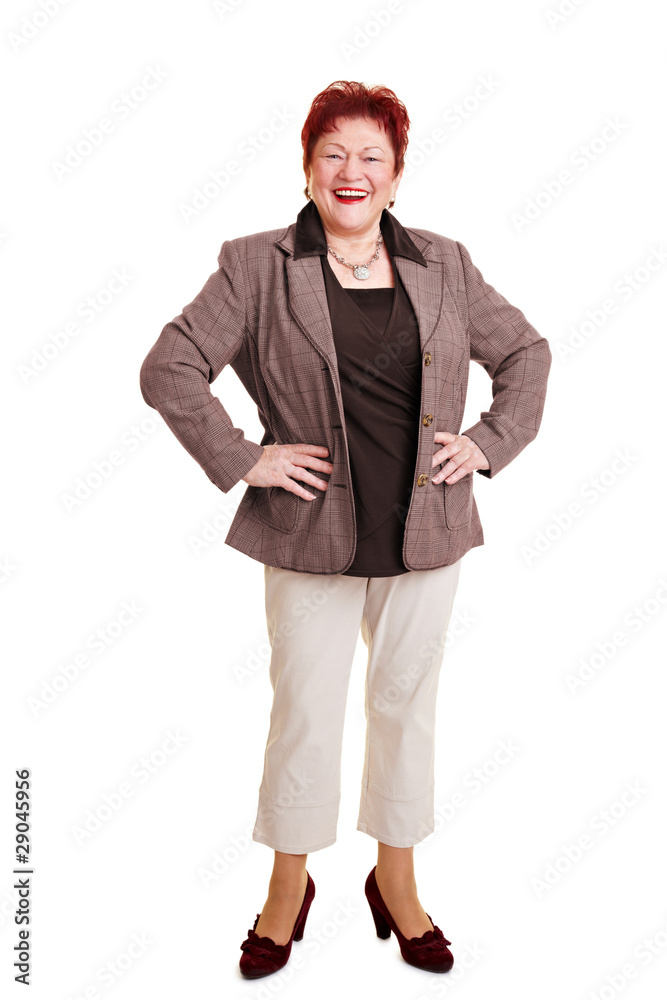 Lachende Seniorin präsentiert Mode Stock Photo | Adobe Stock