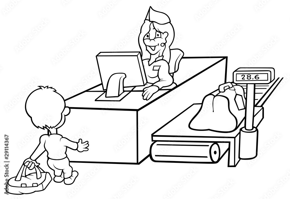 ภาพประกอบสต็อก Baggage Check-In - Black and White Cartoon illustration ...